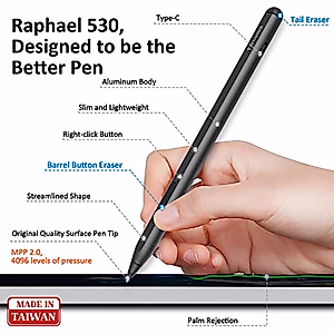 RENAISSER Stylus Pen for Surface, First Soft Tail & Barrel Dual Eraser, USB-C Charging, Made in Taiwan, 4096 Pressure Sensitivity, Compatible with Surface Pro 8/7/Laptop Studio/Go 3/Duo 2, Raphael 530
