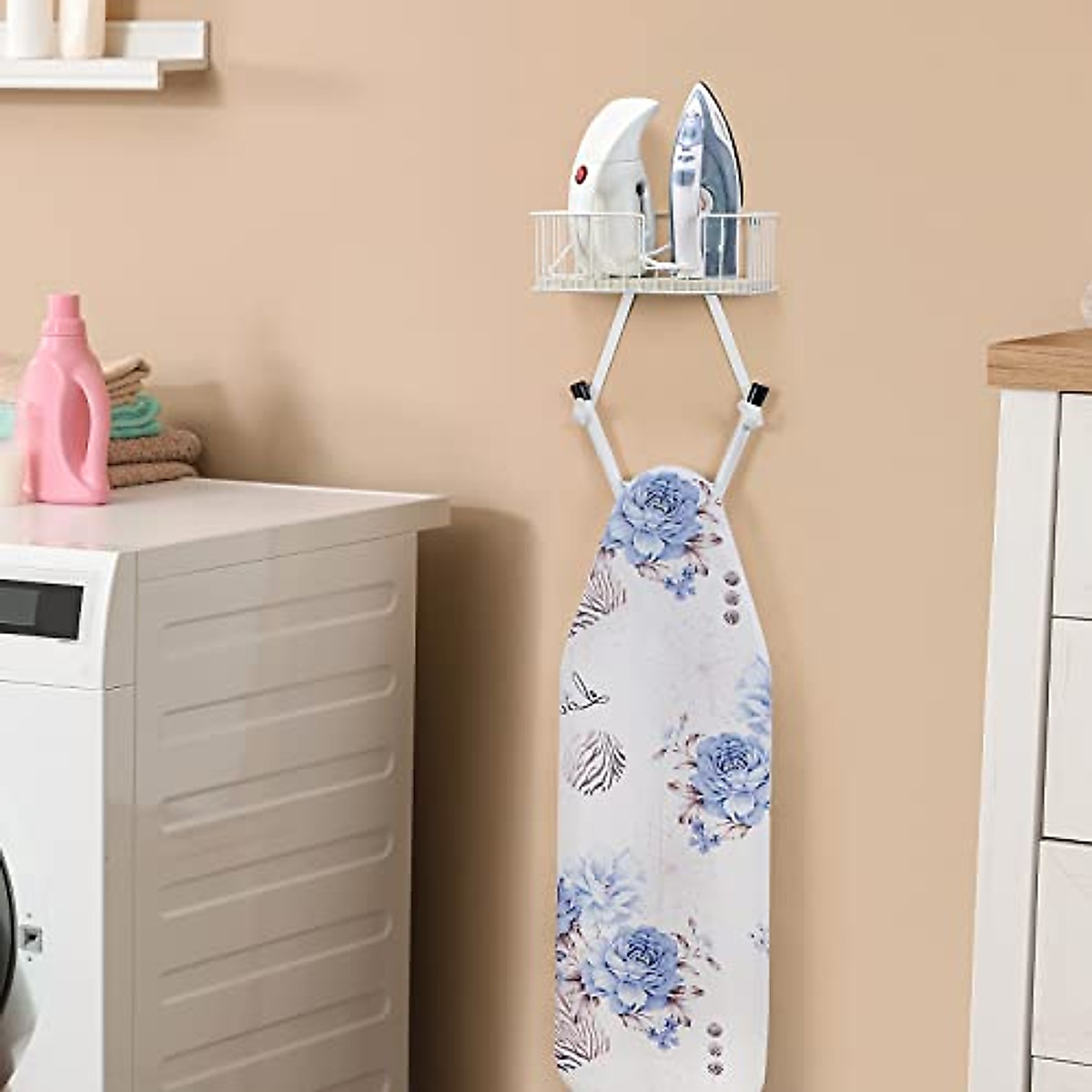 Ironing Board Hanger Wall Mount for Y Leg Ironing Board Holder with Shelf and Wooden Base Basket Iron Holder Rack with Hooks for Home Laundry Room White