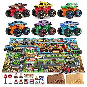 Oriate Monster Trucks Playset for Boys, Include 6 Pack Chaos Diecast Monster Toy Vehicle Truck w/ 47"x 31" Activity Play Mat, Kids Mini Car Set for Kids Gifts Style2