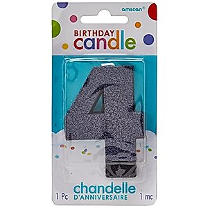 amscan Birthday Celebration, Numeral #4 Glitter Candle, Party Supplies, Black, 3 1/4"