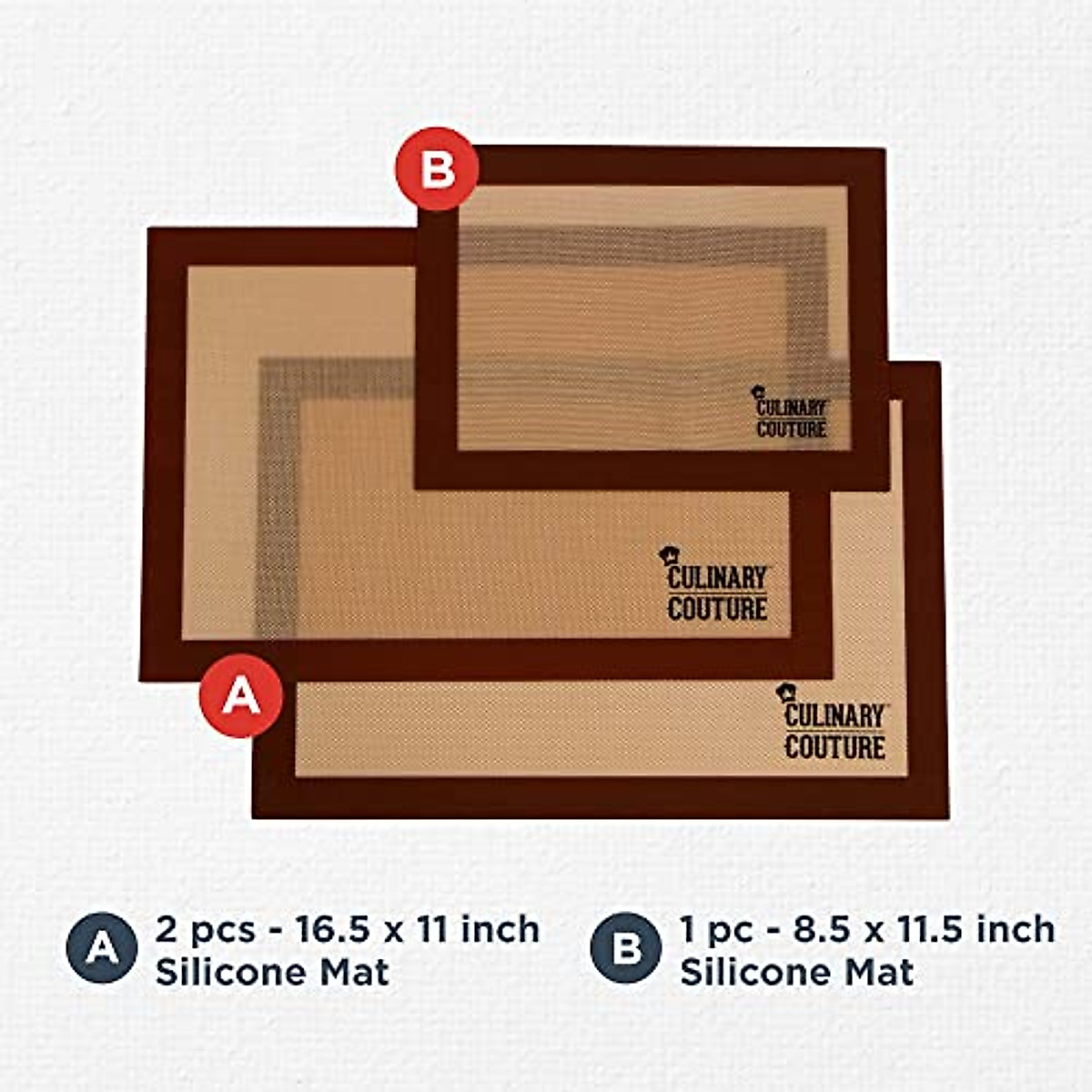 Culinary Couture Non-Stick Silicone Baking Mats Set of 3-2 Half Sheets and 1 Quarter Sheet - Reusable Baking Sheet and Macaron Mat - Silicone Baking Mat for Cookie Sheet