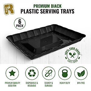 6 Pack Black Plastic Serving Trays - 9 x 13 Party Serving Trays and Platters - Black Serving Tray - Black Serving Platter Tray for Party