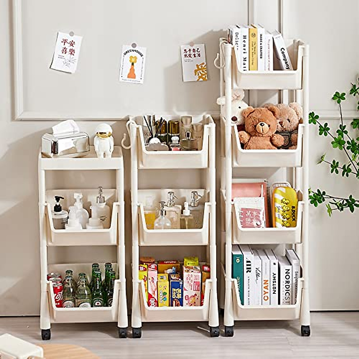 Item Shelf Bookshelf with Wheels, Large Storage Easy Assemble 3-Tier 4-Tier Shelf with Lockable Wheels Standing Strong Structure Movable Design for Family Room Students Office Working (4-Tier, A)