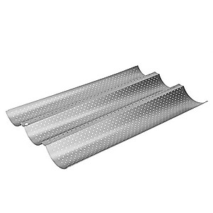 Qiilu Baguette Baguette Stainless Steel Silver Nonstick Multigrooves Waves French Bread Pan Baguette Baking Cooking Tray Kitchen Tool (Three slots)