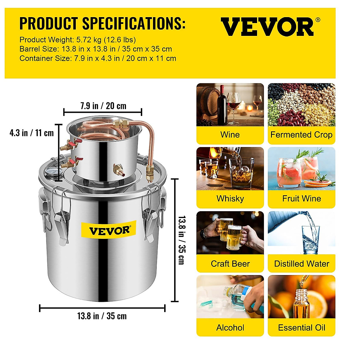 VEVOR Alcohol Still 9.6Gal/38L Alcohol Distiller Stainless Steel Distillery Kit for Alcohol with Copper Tube & Pump Home Brewing Kit Build-in Thermometer for DIY Whisky Wine Brandy