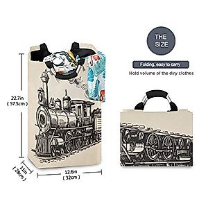 AUUXVA Laundry Basket Vintage Steam Locomotive Train Laundry Hamper with Handles Large Storage Clothes Toys Collapsible Laundry Bag for Bathroom Office Bedroom