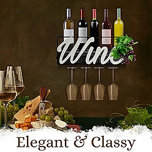 5 Bottle and 4 Stemware Glasses Wine Holder , Wall Mounted Wine Rack w/ 2 Cork Stopper, Bottle Opener, Wine Pourer, Aerator, Grapes Vines , White Wine Racks , Wine Shelf , Wine Stand , Shelf Wine rack