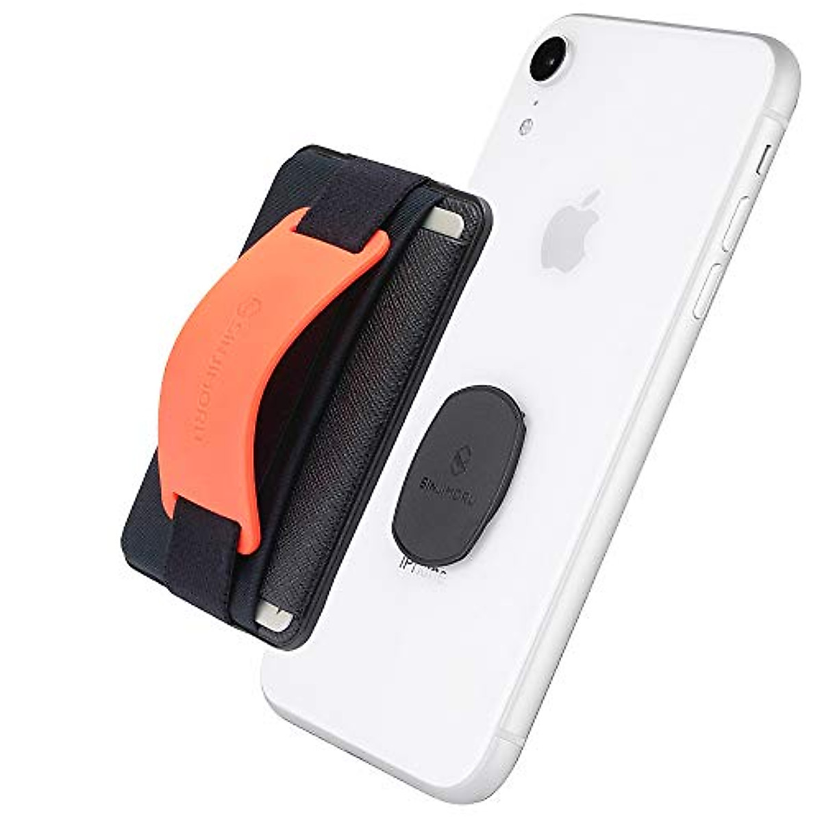 Sinjimoru Detachable Cell Phone Wallet, Wireless Charging Compatible Mobile Phone Grip Stand as iPhone Credit Card Holder for Back of Phone. Sinji Mount B-Grip Clementine