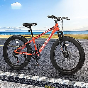ZLECTIO Mountain Bike for Men and Women with 7 Speeds, 24 Inch Fat Tire Bikes with Front Suspension and High-Carbon Steel Frame, Orange Adult/Teenanger Road Bicycle for Outdoor Camping Riding