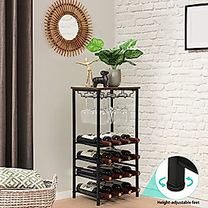 YBING Wine Rack Freestanding Floor Wine Rack Table with Glass Holder 16 Bottle Wine Bar Rack with Tabletop Wood 5-Tier Wine Bottle Organizer Storage Stand Liquor Cabinet Bar for Home Rustic Brown