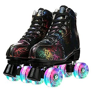 LEAFIS Roller Skates Classic High-top for Adult Outdoor Skating Light-Up Four-Wheel Roller Skates Shiny Roller Skates for Women (Lightning Black Flash Wheel,38 / US 6.5)