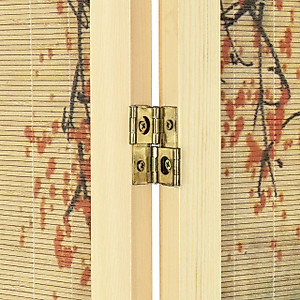 MyGift Decorative 4-Panel Folding Bamboo Room Divider Asian-Inspired Cherry Blossom Scene, Freestanding Floral Artwork Room Partitioner with Beige Wood Frame