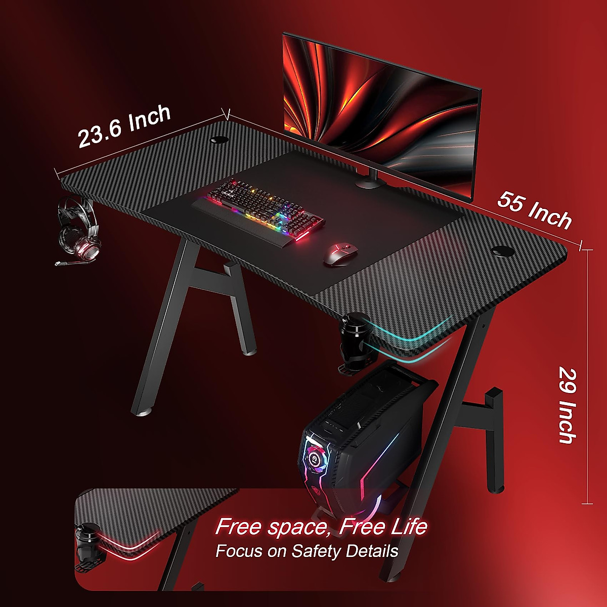 HLDIRECT 55 Inch Gaming Desk with Carbon Fibre Surface Large Computer Desk Gaming Table Ergonomic Pc Gaming Workstation Home Office Desks with Cup Holder & Headphone Hook