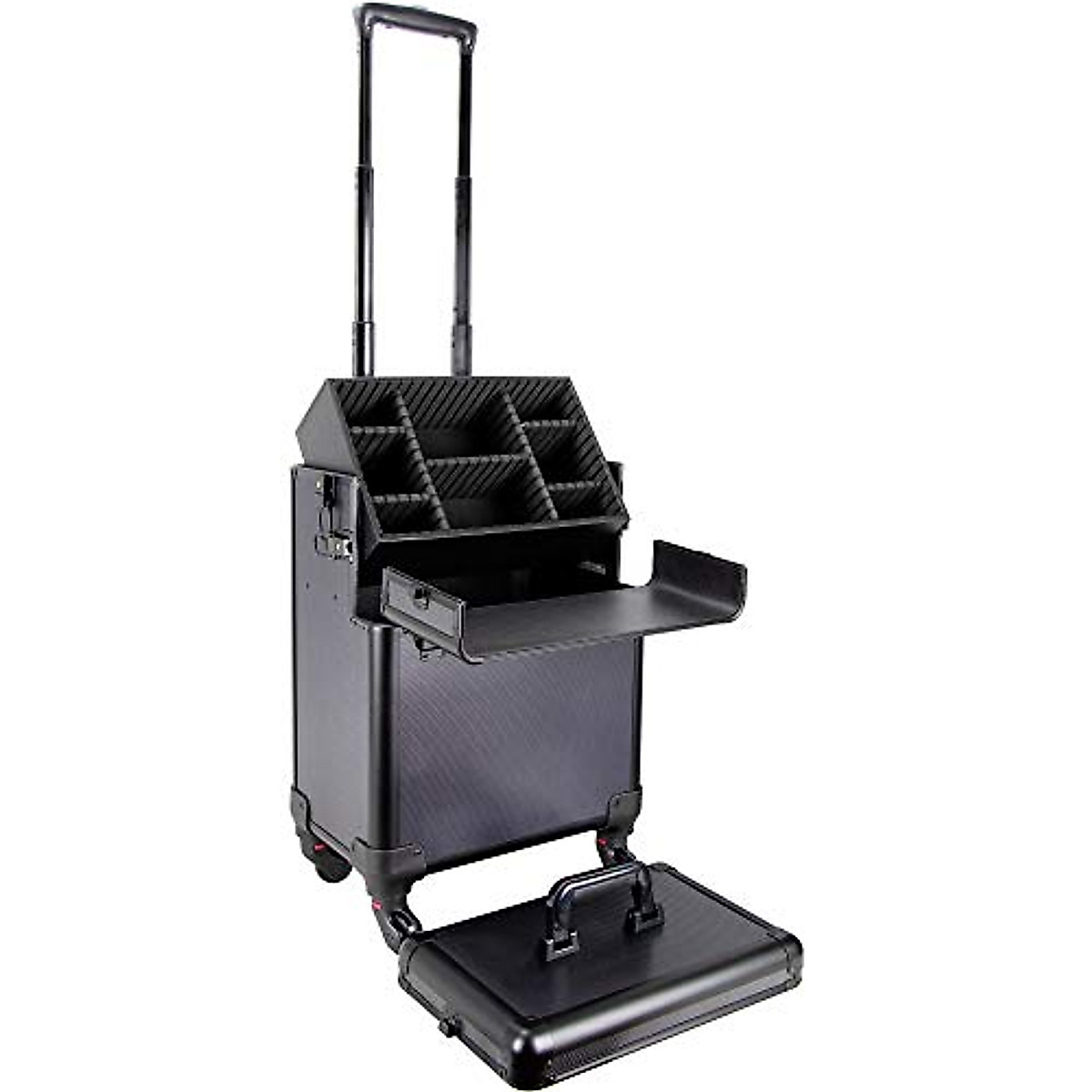 Ver Beauty 3-in-1 Professional 4 Removable Wheels Rolling Aluminum Art Craft Supplies Makeup Tattoo Artist Tool Case Organizer Easy-Slide Extendable Trays with Dividers Mirror, Black Dot