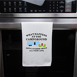 Tea Towel, Funny Dish Towel, Funny Kitchen Towel, Camping Towel, Outdoor Humor, Gift for Mom, Hand Towel, Camper Decor, Waffle Towel, What Happens At The Campground Gets Laughed At All Year Long