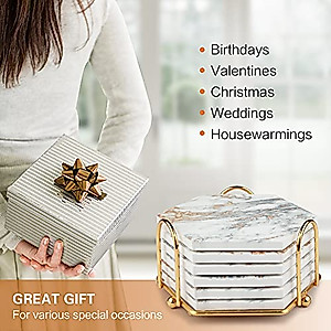 Marble Coasters for Drinks Absorbent with Cork Base, 6 Pcs Drink Coasters for Wooden Table with Metal Holder, Gold Ceramic Cup Coaster Set Rustic Home Decor for Living Room Bar - Housewarming Gifts