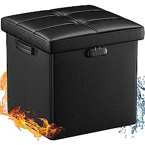 ENGPOW Storage Ottoman,Fireproof ＆ Waterproof Folding Ottoman Cube Storage Stool with Lock,Leather Square Ottoman Storage Chest Safe for Living Room, Bedroom, Home Office,Dorm,15"x15"x15",Black