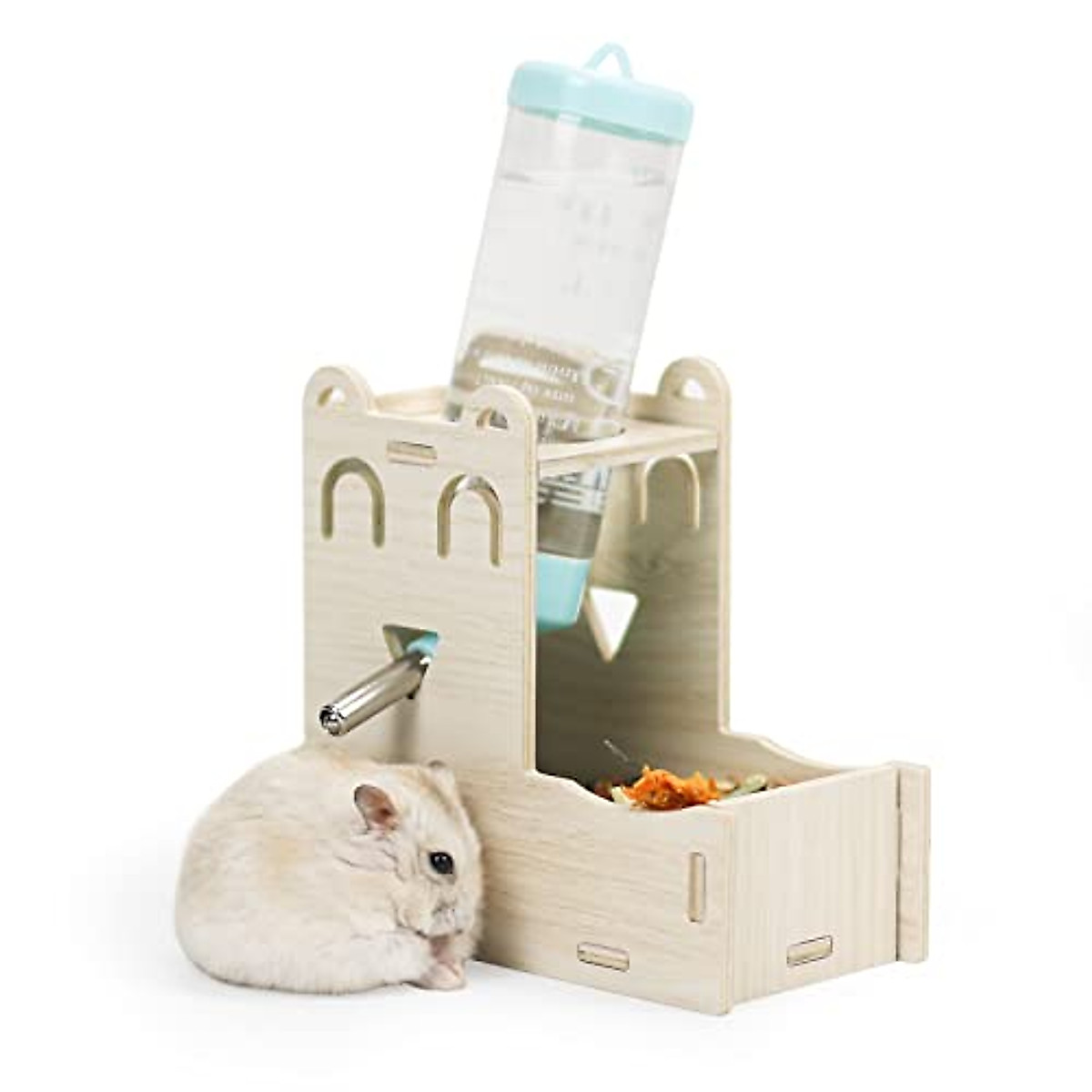 Wooden Hamster Water Bottle Stand,Small Animal Water Dispenser 125ml Drinking with Bottle Food Container Base Food Bowl for Dwarf Hamster Mouse Rat Hedgehog (H01)