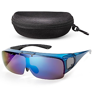 TINHAO Mens Polarized Flip Up Fitover Sunglasses with Mirrored Lenses (Blue, Blue)