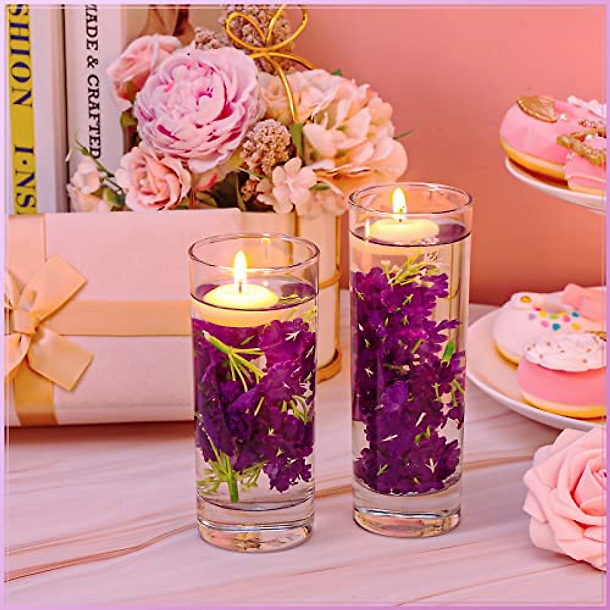 24 Set Artificial Faux Flowers for Floating Candles Centerpiece 12 Unscented Floating Candles and 12 Flower Vase Filler Table Centerpiece for Wedding Party Table Home Decor (Purple)