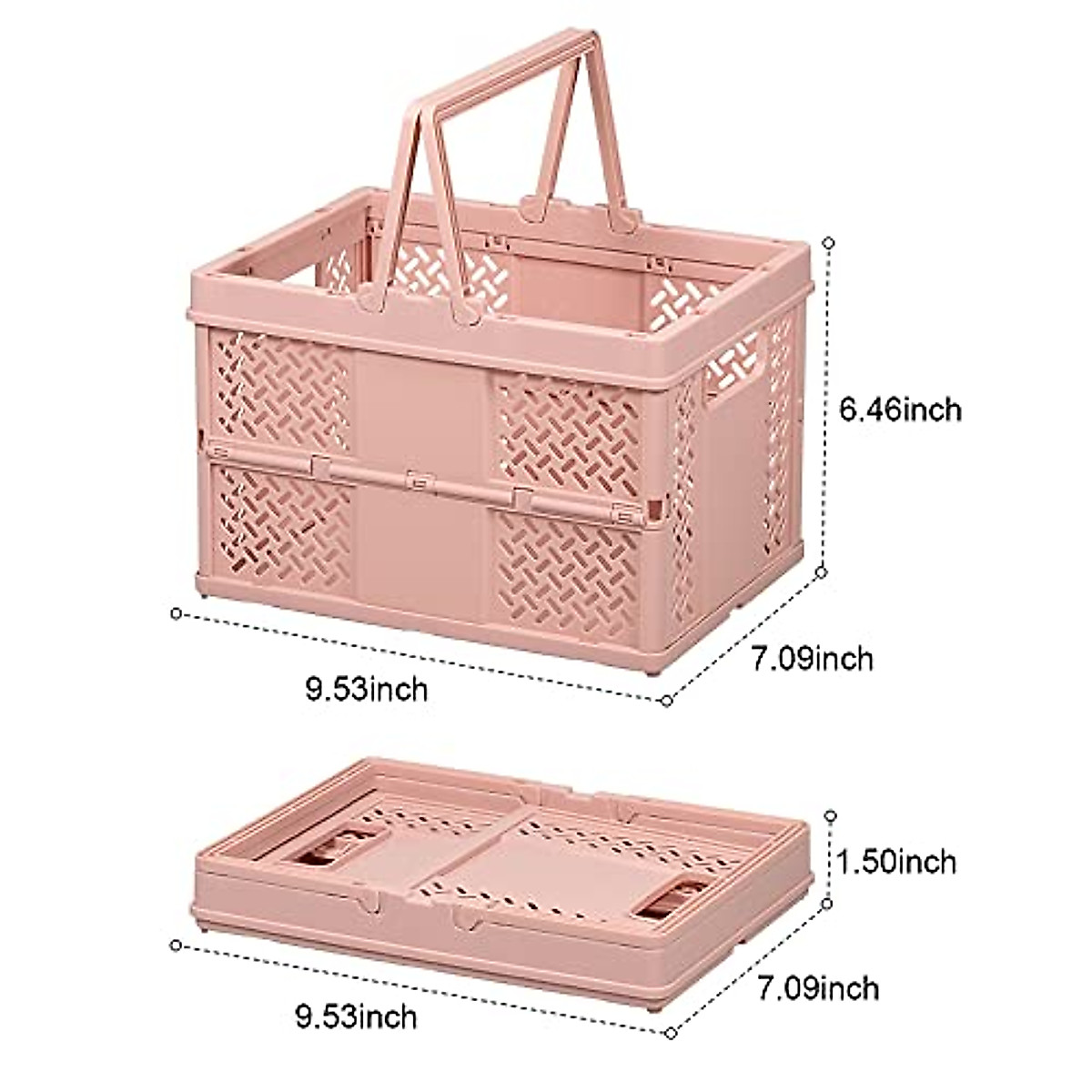 [2-Pack] Plastic Baskets for Shelf Storage Organizing, Durable and Reliable Portable Folding Storage Crate, Ideal for Home Kitchen Classroom and Office Organization, Bathroom Storage-Pink