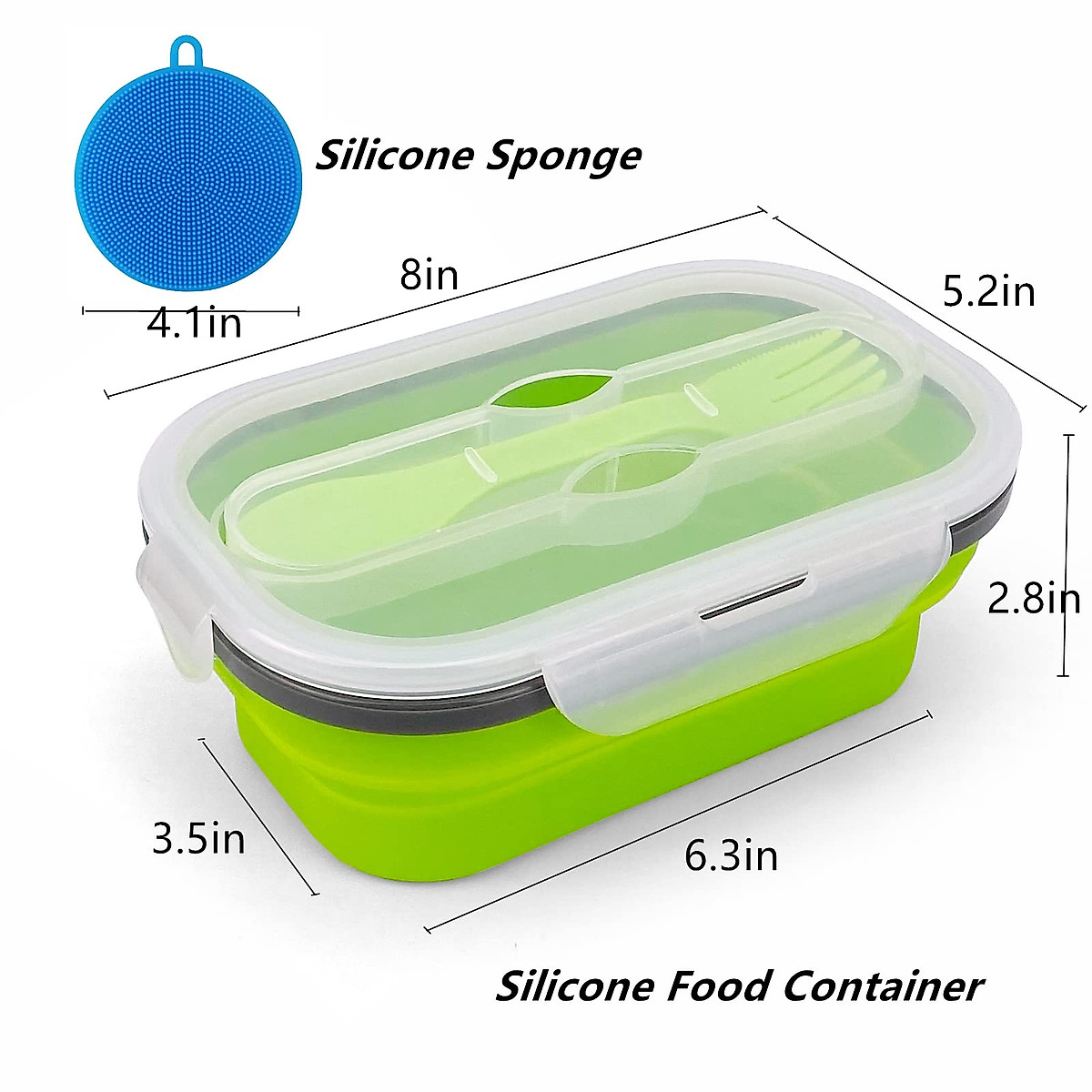 EcoMorning Green Silicone Lunch Container Bento Lunch Box Collapsible Food Storage Container with Airtight Lid and Fork, Ideal For Lunch, Camping, 800ML