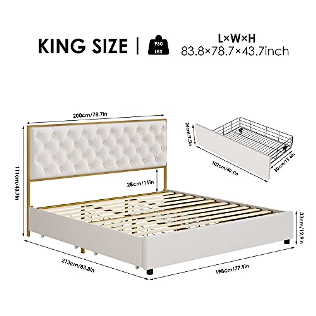 HIFIT King Platform Bed Frame with 4 Storage Drawers, Upholstered with Button Tufted Headboard, Heavy Duty Mattress Foundation with Wooden Slats, No Box Spring Needed, Golden and Beige