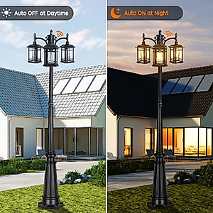 PARTPHONER Dusk to Dawn Outdoor Lamp Post Lights, Black Light Pole with Clear Glass Panels (3 LED Bulbs Included), 3-Head Hardwired Waterproof Outside Street Lights for Backyard Garden Driveway