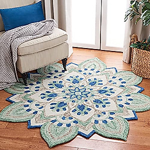 Safavieh Novelty Collection 4' Round Blue/Ivory NOV105M Handmade Boho Flower Premium Wool Area Rug
