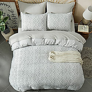 BEDAZZLED Duvet Cover Queen Size, 3 Pieces Tufted Comforter Cover Set, Soft and Embroidery Shabby Chic Boho Bedding Sets for All Seasons, Light Grey