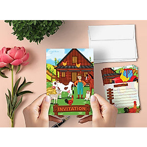 Leigha Marina Farm Animals Party Invitation Cards for Kids, 20 Invites & 20 Envelopes - Fill in the Blank Greeting Notes - Multi-Use, Birthday, Themed Celebration