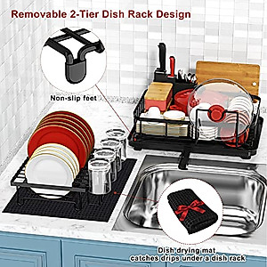 Cibert Dish Drying Rack with Drainboard Set, 2 Tier Dish Racks for Kitchen Counter, Black Dish Drainer Set, Kitchen Dish Drying Rack with Dish Drying Mat, Large Dish Drainer Rack with Utensil Holder
