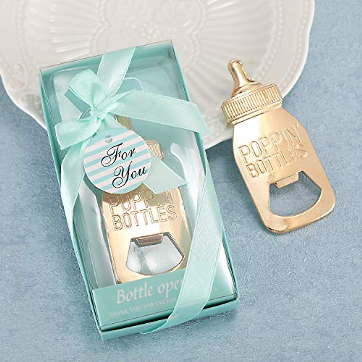Yuokwer 16 pcs Baby Shower Return Gifts for Guest Supplies Poppin Baby Bottle Shaped Bottle Opener Favor(Blue 16pcs)