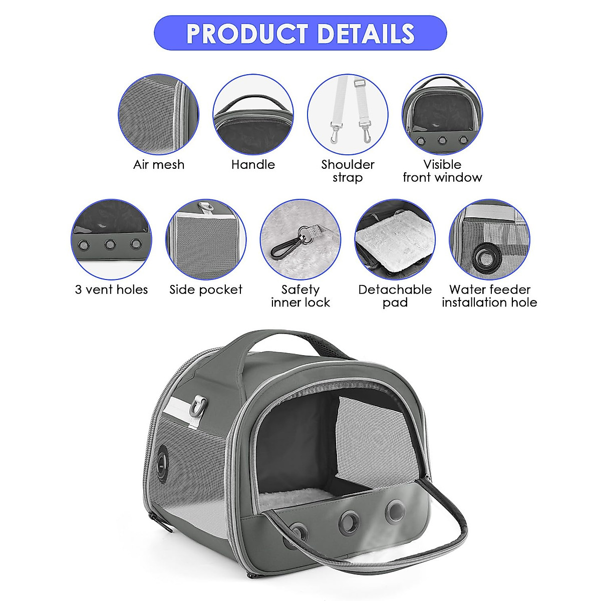 Bissap Guinea Pig Carrier Bag, Portable Small Animal Carrier Pouch for Hamster Chinchilla Rabbit Gerbil Hedgehog Sugar Glider Outgoing Travel Carrying Case - Grey