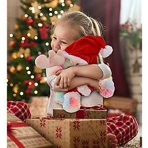 DolliBu Santa Rainbow Floppy Moose Stuffed Animal Plush Toy - Super Soft Dress Up with Red Santa Claus Outfit, Cute Moose Gift Perfect Holiday with Name Personalization - 9 Inches