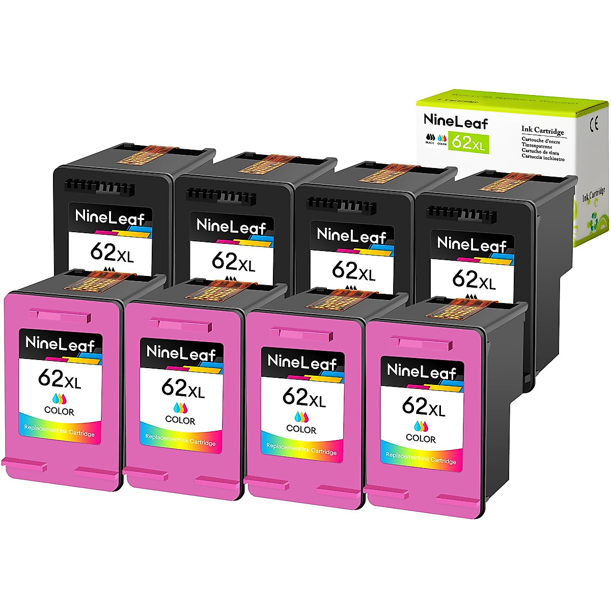 NineLeaf 8 Pack Remanufactured Ink Cartridge Replacement for HP 62XL 62 XL use in Envy 5540 5640 5660 7644 7645 OfficeJet 5740 8040 OfficeJet 200 250 Series Inkjet Printer（4 Black 4 Tri-Color