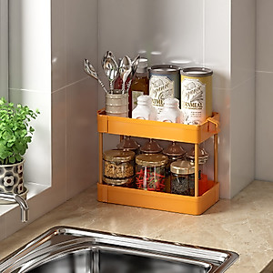 Boeeoan Under Sink Organizers Storage Rack,2 Tier Bathroom Under Sink Shelf Basket with Hooks, Under Kitchen Sink Shelf Multi-purpose, White