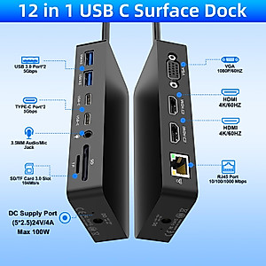 12 in 1 Surface Dock USB C with 100W Power Supply - 2 Year Warranty - Surface Pro Docking Station with Dual 4K HDMI+VGA for Surface Pro 11/10/9/8/X/7+/7,Surface Laptop, Surface Go