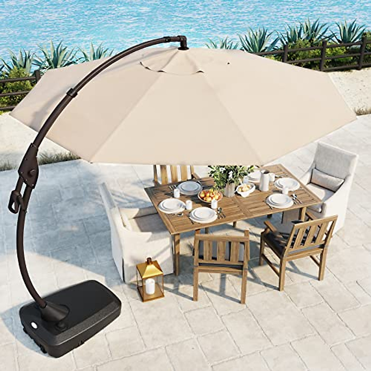 Grand patio Deluxe NAPOLI 11 FT Patio Umbrella, Curvy Aluminum Cantilever Umbrella with Base, Round Large Offset Umbrellas for Garden Deck Pool, 3-Year Warranty for Canopy (Champagne, 11 FT)