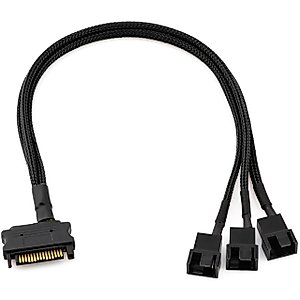 CRJ 15-Pin SATA to 3 PC Fan Power Adapter Cable - 12-inch (30cm), Black Sleeved - Power Up to Three 3-Pin & 4-Pin Computer Cooling Fans from an ATX 15-Pin SATA Power Connector (12V - Full Speed)