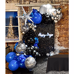 Blue and Black Silver Balloon garland kit 140pcs Royal blue and silver starburst Disco ball balloons for men 30th Birthday Party graduation 80s 90s Disco theme Decorations
