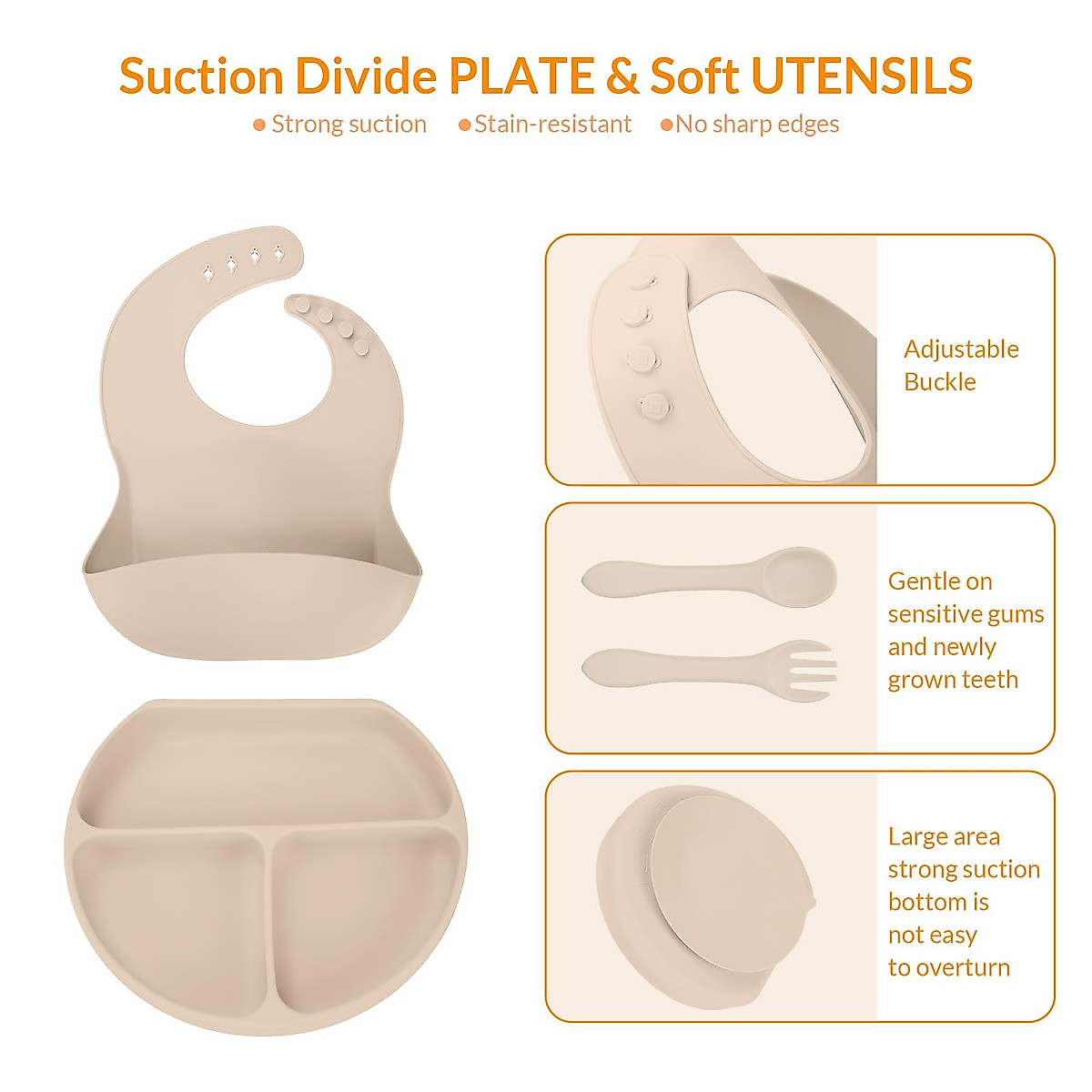 Silicone Baby Feeding Set - REIKTLUD Baby Led Weaning Supplies - Silicone Suction Bowls Divided Plates, Sippy and Snack Cup - Toddler Self Feeding Eating Utensils Set Bib, Spoons, Fork (Grayish-white)