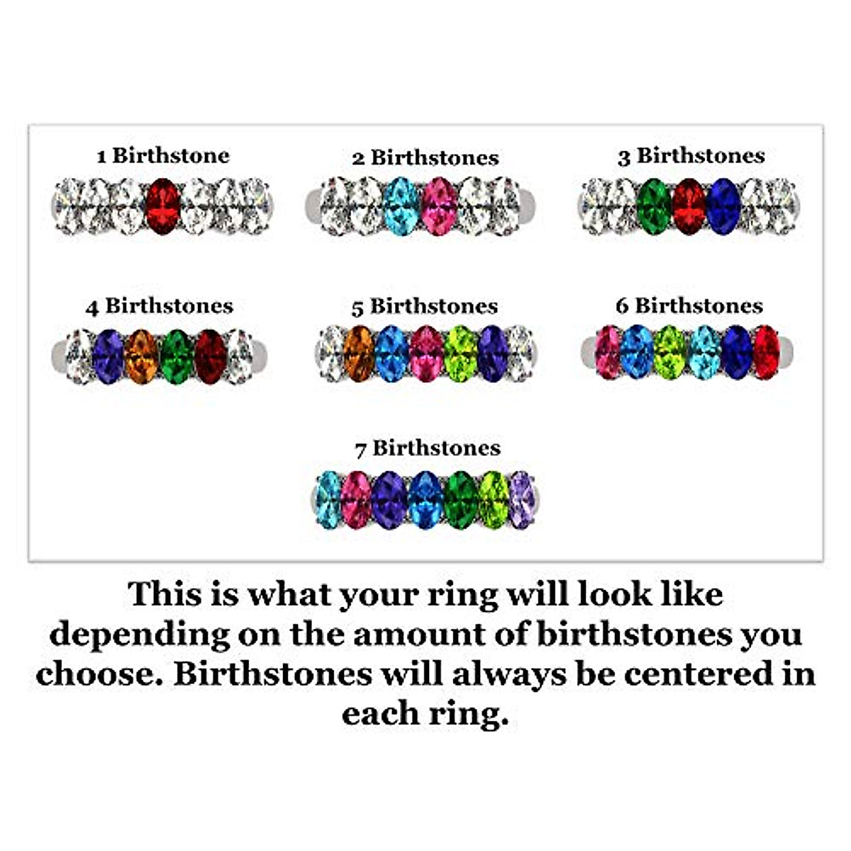 Central Diamond Center Oval Cut Lucita Mothers Birthstone Ring w/ 1 to 7 Simulated Birthstones - Sterling Silver-Size 10