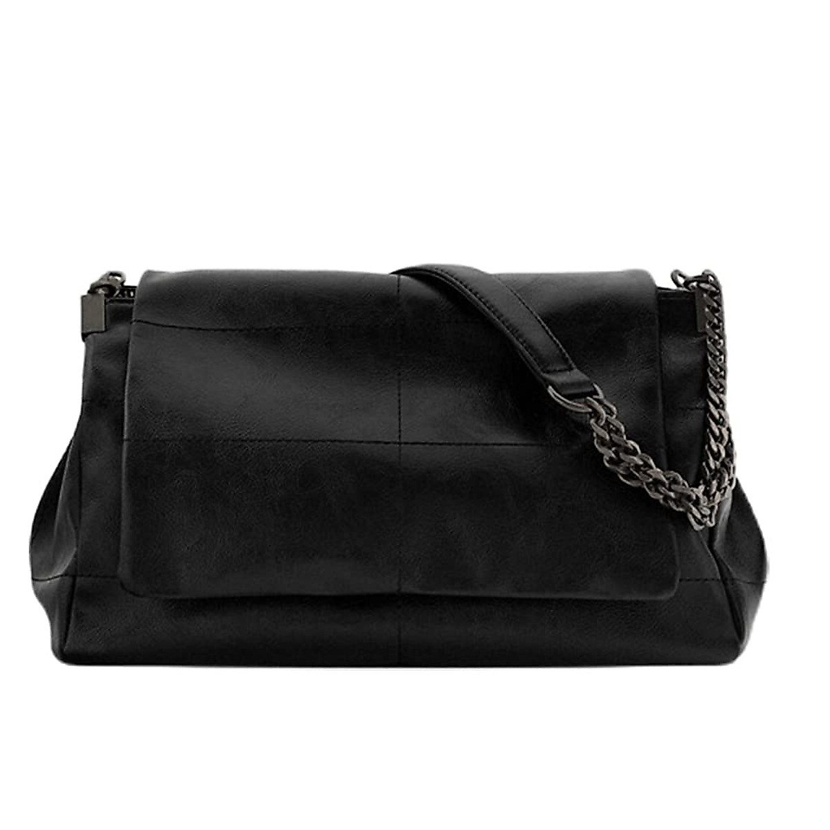 Womens Vintage Black Rock Style Flap Single Shoulder Bag with Chain Strap Faux Leather Luxury Zipper Messenger Handbag Pack Purse Chain Strap Faux Leather Purse