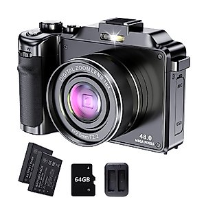 Vlogging Camera 4K 48MP Digital Camera Autofocus Cameras for Photography with 18X Digital Zoom Point and Shoot Camera with 64GB TF Card 4K Digital Camera 2 Batteries and Charger