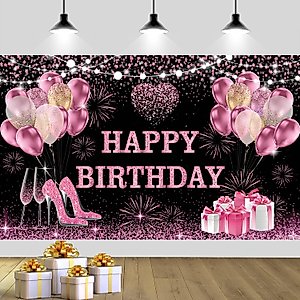 YinQin 180x120 cm Pink Gold Happy Birthday Backdrops Cloth 71x47 in. Birthday Photography Backgrounds Glitter Black Rose Gold Birthday Banners Rose Gold Happy Birthday Sign Decoration for Women Girl