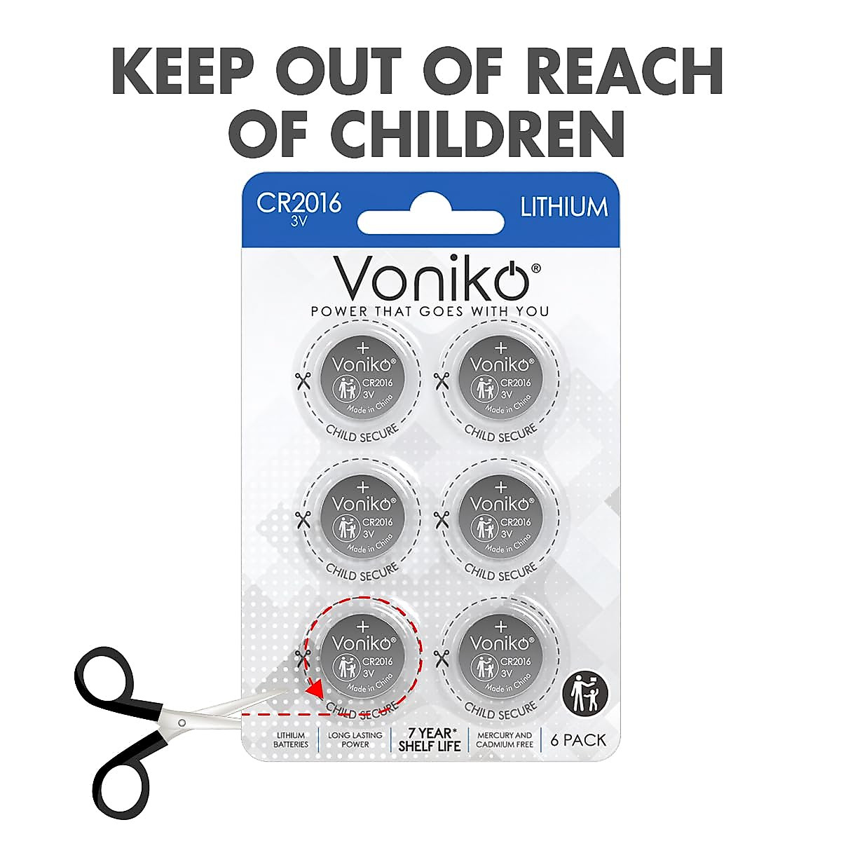 Voniko 3 Volt 2016 Battery 6 Pack – Button Cell 2016 Batteries – Lithium CR2016 3 Volt Coin Battery – Child-Protection Packaging, 7 Years Shelf Life