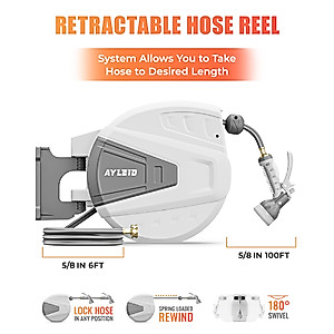 Ayleid Retractable Garden Hose Reel,5/8 in x 100 FT Wall Mounted Hose Reel, with 9- Function Sprayer Nozzle, Any Length Lock/Slow Return System/Wall Mounted/180°Swivel Bracket (Grey)
