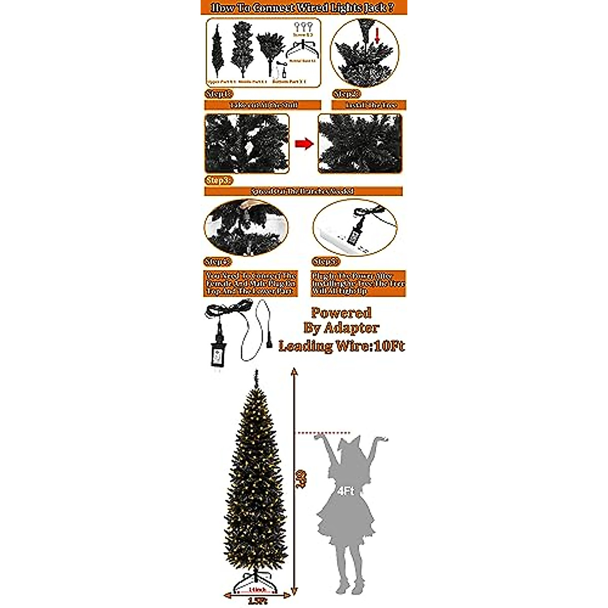 6 Ft Prelit Black Halloween Christmas Tree, 240 LED Warm Lights, 658 Thick Branch Tips, Fire-Resistant, UL Plug, Metal Stand, Hinged Pencil Xmas Tree Christmas Decorations Home Indoor Outdoor
