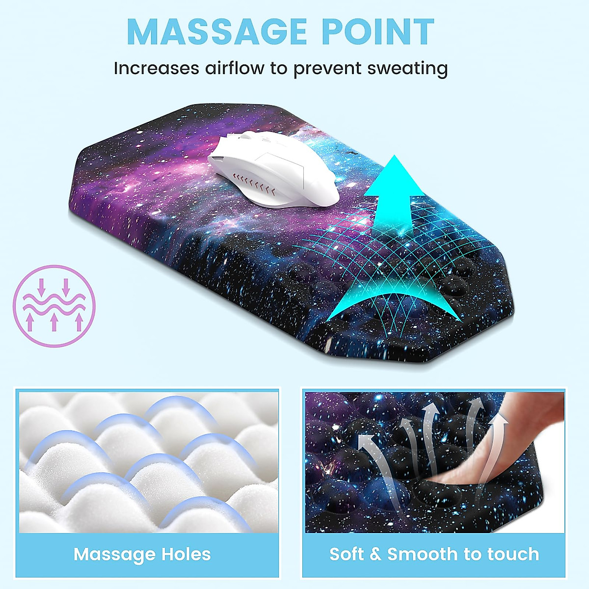 Roxooze Ergonomic Mouse Pad with Wrist Rest, Gaming Mouse Pad Wrist Support, Memory Foam Mousepad with Massage Design, Non-slip PU Base Mouse Pads for Wireless Mouse & Desk, Purple Blue Galaxy
